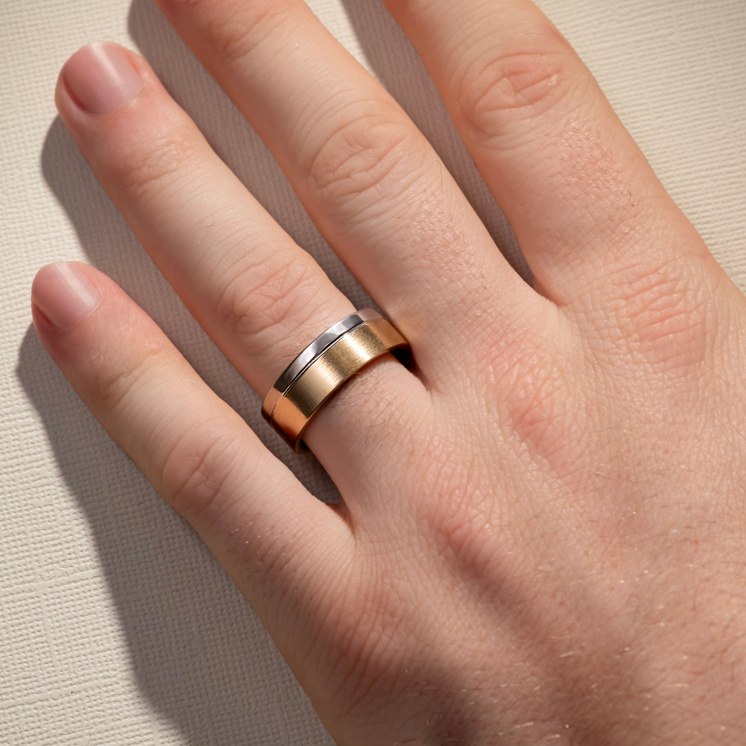 8.00MM Two Tone Off Centre Groove Wedding Ring | Affinity Diamonds