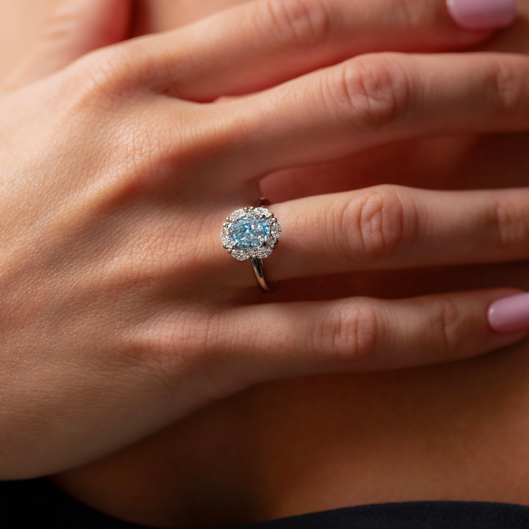 Blue Diamond Dress Ring with Marquise and Round Halo | Affinity Diamonds